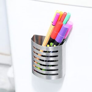 Sanpaint Magnetic Modern Pen and Pencil Holder, Metal Writing Utensil Storage Organizer for Kitchen, Locker, Home, or Office, 3.25" x 1.75" x 3.50", Brushed Stainless Steel