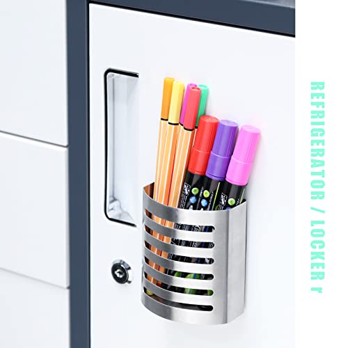 Sanpaint Magnetic Modern Pen and Pencil Holder, Metal Writing Utensil Storage Organizer for Kitchen, Locker, Home, or Office, 3.25" x 1.75" x 3.50", Brushed Stainless Steel