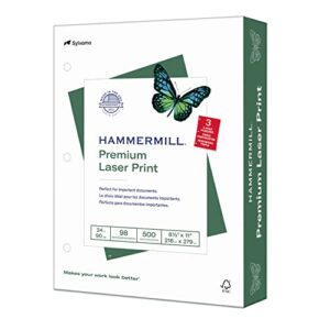 hammermill paper, premium laser print paper 8.5 x 11 paper, letter size, 3 hole, 24lb paper, 98 bright, 1 ream / 500 sheets (107681r)