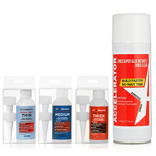 Premium CA Glue with Activator Bundle by STARBOND - (2oz) Thin CA Glue, Medium CA Glue, Thick CA Glue, 6 oz. Aerosol Accelerator - CA Glue for Woodworking, Woodturning, Hobby Models, 3D Printing