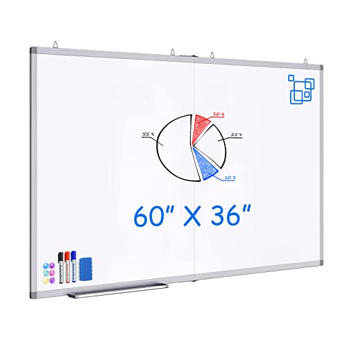 Large Magnetic Whiteboard, maxtek 60 x 36 Magnetic Dry Erase Board Foldable with Marker Tray 1 Eraser 3 Markers and 6 Magnets | 5' x 3' Big Wall-Mounted Memo White Board for Office Home & School