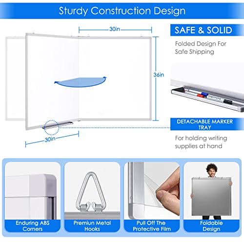 Large Magnetic Whiteboard, maxtek 60 x 36 Magnetic Dry Erase Board Foldable with Marker Tray 1 Eraser 3 Markers and 6 Magnets | 5' x 3' Big Wall-Mounted Memo White Board for Office Home & School