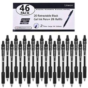 black gel pens, 46 pack(20 gel pens with 26 refills) lineon retractable medium point gel pens smooth writing with comfortable grip for office school