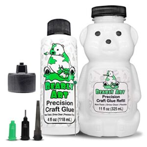 bearly art precision craft glue -the bundle – 4fl oz and 11fl oz refill bear – tip kit included – wrinkle resistant – flexible and crack resistant – strong hold adhesive – made in usa