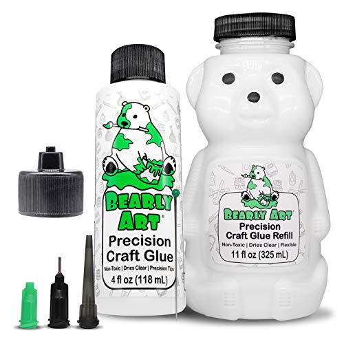 Bearly Art Precision Craft Glue -The Bundle - 4fl oz and 11fl oz Refill Bear - Tip Kit Included - Wrinkle Resistant - Flexible and Crack Resistant - Strong Hold Adhesive - Made in USA