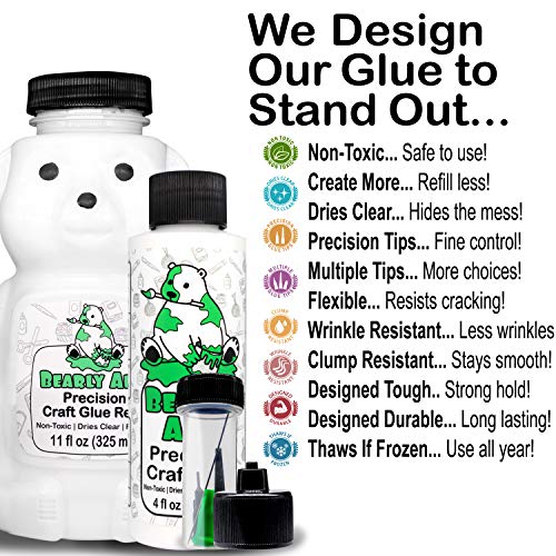 Bearly Art Precision Craft Glue -The Bundle - 4fl oz and 11fl oz Refill Bear - Tip Kit Included - Wrinkle Resistant - Flexible and Crack Resistant - Strong Hold Adhesive - Made in USA