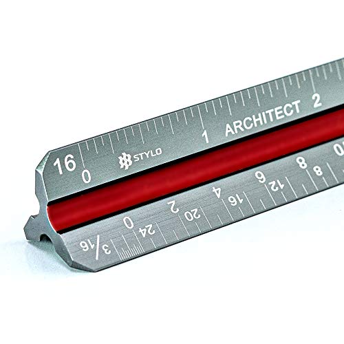 Stylo Aluminum Architect Scale Ruler 12" Laser Etched Triangle Drafting Ruler with Color - Coded Grooves for Blueprint, Drafting and Drawing - Imperial Architectural Scale Ruler for Blueprints