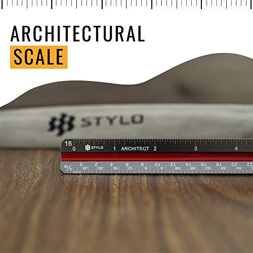 Stylo Aluminum Architect Scale Ruler 12" Laser Etched Triangle Drafting Ruler with Color - Coded Grooves for Blueprint, Drafting and Drawing - Imperial Architectural Scale Ruler for Blueprints