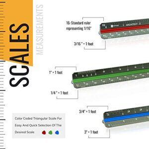 Stylo Aluminum Architect Scale Ruler 12" Laser Etched Triangle Drafting Ruler with Color - Coded Grooves for Blueprint, Drafting and Drawing - Imperial Architectural Scale Ruler for Blueprints