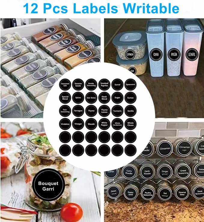 180 Spice Labels for Food Containers, Chalkboard Labels for Jars,Spice Labels Stickers Preprinted Pantry Labels,Small Chalk Labels Spice Jar Labels-Round 168 Printed,12 Blank Stickers,1 Erasable Chalk