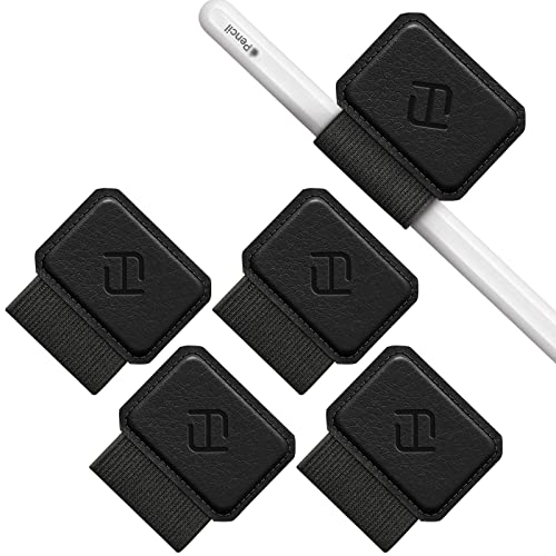 Fintie 4 Pack Pen Loop Holder Compatible with Apple Pencil 1st & 2nd Generation and Stylus Pens, Elastic Adhesive Leather Pen Sleeve Attached to Cases, Notebooks Journals Calendars, Black