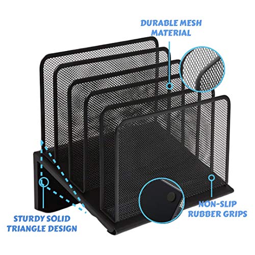 1InTheOffice Metal Mesh File Organizer, Black Wire Mesh 5 Section Incline Sorter, Black Finish