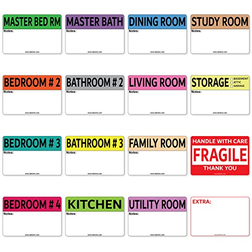 Labelinn Moving Labels for Boxes 640 Pcs - 2 x 3 inches Non-Removable Moving Stickers for Boxes Color Coded 64 Sheets with 10 Labels Each – 16 Designs Including Fragile & Customizable Blanks