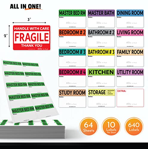 Labelinn Moving Labels for Boxes 640 Pcs - 2 x 3 inches Non-Removable Moving Stickers for Boxes Color Coded 64 Sheets with 10 Labels Each – 16 Designs Including Fragile & Customizable Blanks