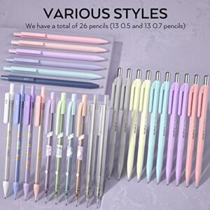 Nicpro 26 PCS Pastel Mechanical Pencil 0.5 mm & 0.7 mm with Bag for School, Cute Mechanical Pencils with 6 Tubes HB Lead Refills, 18 Pcs Eraser Refills For Student Writing, Drawing, Sketching