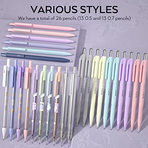 Nicpro 26 PCS Pastel Mechanical Pencil 0.5 mm & 0.7 mm with Bag for School, Cute Mechanical Pencils with 6 Tubes HB Lead Refills, 18 Pcs Eraser Refills For Student Writing, Drawing, Sketching