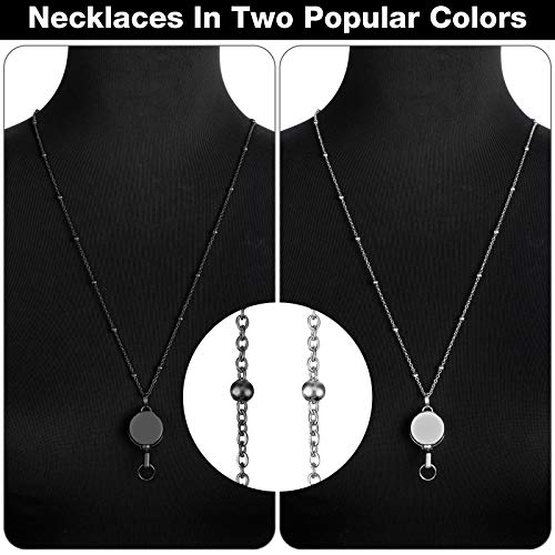 Outus 2 Pieces Badge Lanyard with ID Holders Stainless Steel Badge Necklace Retractable Reel Clip Chain Water Resistant Name Badge Holders for Girl Women (Black, Silver)