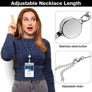 Outus 2 Pieces Badge Lanyard with ID Holders Stainless Steel Badge Necklace Retractable Reel Clip Chain Water Resistant Name Badge Holders for Girl Women (Black, Silver)