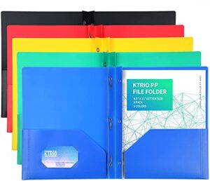 ktrio file folders pocket folders with prongs – (5 pack, assorted colors) 2 pocket 3 prong folders with pockets and fasteners letter size colored plastic folders for school office home, heavy duty