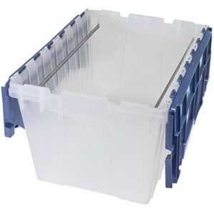 akro-mils 12 gallon keepbox file box plastic stackable storage container with hinged attached lid and rails for hanging file folders, 21-inch l x 15-inch w x 12-inch h, clear/blue