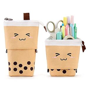 boba cute standing pencil case for kids, pop up pencil box makeup pouch, stand up christmas gift kids pen holder organizer cosmetics bag, kawaii stationary (brown)