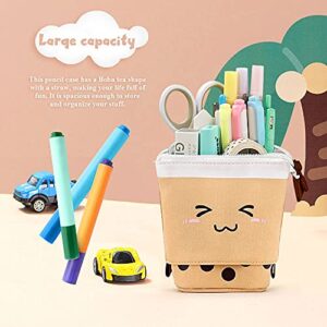 Boba Cute Standing Pencil Case for Kids, Pop Up Pencil Box Makeup Pouch, Stand UP Christmas Gift kids Pen Holder Organizer Cosmetics Bag, Kawaii Stationary (Brown)