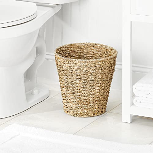 mDesign Seagrass Waste Basket Boho Double Woven Trash Can - Small Round Natural Wastebasket Garbage Bin for Bathroom Essentials - Natural Finish