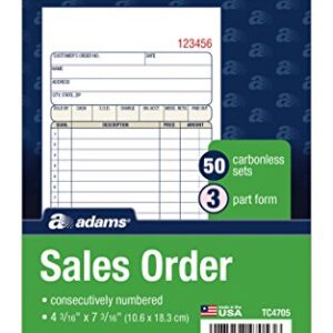 Adams Sales Order Book, 3-Part, Carbonless, 4-3/16" X 7-3/16" Inch, 50 Sets, White, Canary and Pink (TC4705)