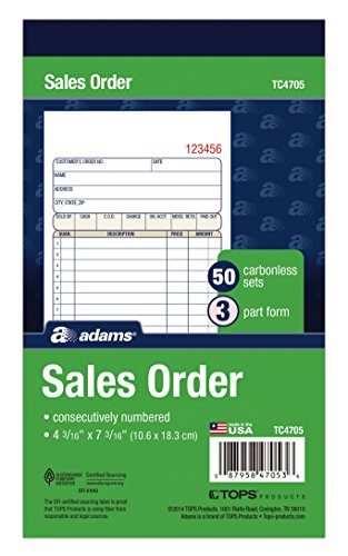 Adams Sales Order Book, 3-Part, Carbonless, 4-3/16" X 7-3/16" Inch, 50 Sets, White, Canary and Pink (TC4705)