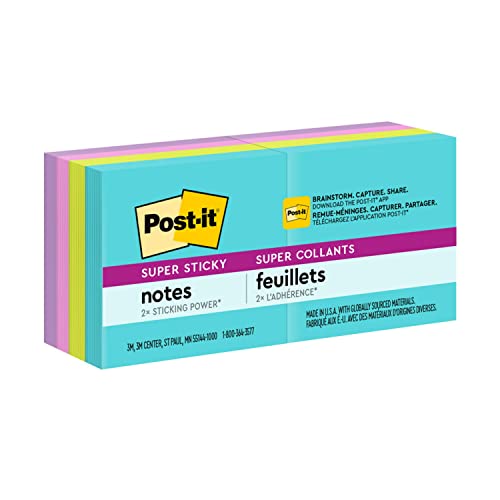 Post-it Super Sticky Notes,2x2 in, 8 Pads, 2x the Sticking Power, Supernova Neons Collection, Recyclable (622-8SSMIA) , 1 7/8" x 1 7/8" , Assorted