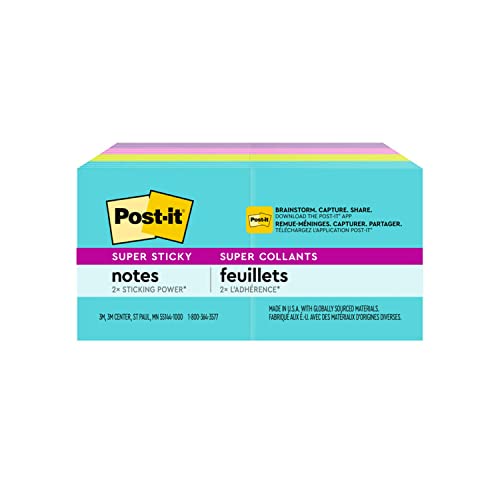 Post-it Super Sticky Notes,2x2 in, 8 Pads, 2x the Sticking Power, Supernova Neons Collection, Recyclable (622-8SSMIA) , 1 7/8" x 1 7/8" , Assorted