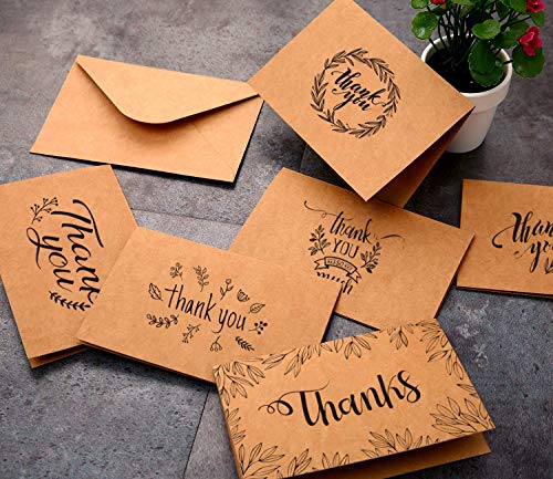 Thank You Cards of Ohuhu, 36 Pack Brown Kraft Paper 6 Design of Assorted Thank U Greeting Note Card with Envelopes and Stickers for Wedding, Business, Birthday, Baby Shower, Blank Inside, 4 x 6 Inch