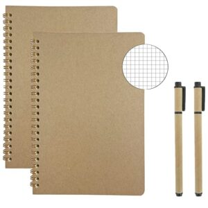 aou graph paper spiral notebook, a5 grid journal with thick paper, 2-pack, 8.3″ x 5.7″, 50 sheets/100 pages, hard cover graph ruled notepads for school&office, with 2 pens (brown)