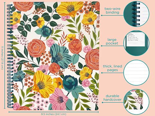 Steel Mill & Co Cute Large Spiral Notebook College Ruled, 11" x 9.5" with Durable Hardcover and 160 Lined Pages, Garden Blooms (Cream)