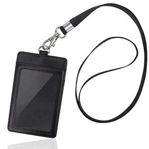 arae card holder vertical pu leather badge holder with 1 clear id card window 1 card slot and 1 neck lanyard for office/school id credit card driver license – black