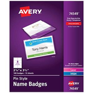 avery pin style top-loading name badges, 2.25 x 3.5 inches, white, box of 100 (74549)