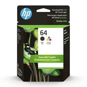 hp 64 black/tri-color ink cartridges (2-pack) | works with hp envy inspire 7950e; envy photo 6200, 7100, 7800; tango series | eligible for instant ink | x4d92an