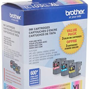 Brother Genuine High Yield Color Ink Cartridge, 3 Pack of LC103 , Replacement Color Ink Three Pack, Includes 1 Cartridge Each of Cyan, Magenta & Yellow, Page Yield Upto 600 Pages/Cartridge, LC103