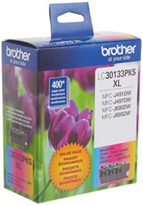 brother printer genuine lc30133pks 3-pack high yield color ink cartridges, page yield up to 400 pages/cartridge, includes cyan, magenta and yellow, lc3013