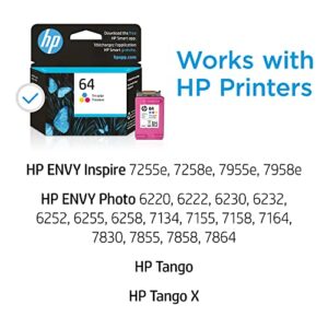 HP 64 Tri-color Ink Cartridge | Works with HP ENVY Inspire 7950e; ENVY Photo 6200, 7100, 7800; Tango Series | Eligible for Instant Ink | N9J89AN