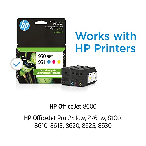 HP 950 Black/951 Cyan,Magenta,Yellow Ink Cartridges (4-pack) | Works with HP OfficeJet 8600, OfficeJet Pro 251dw, 276dw, 8100, 8610, 8620,8625 8630 Series | Eligible for Instant Ink | X4E06AN