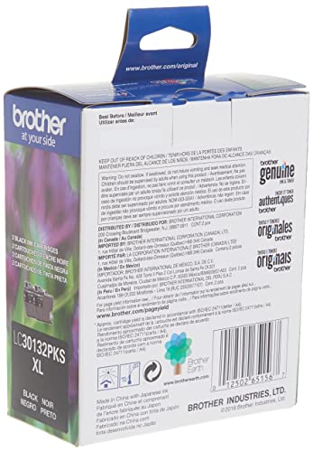 Brother Genuine LC30132PKS 2-Pack High Yield Black Ink Cartridges, Page Yield Up to 400 Pages/Cartridge, LC3013