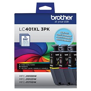 brother genuine lc401xl 3pk high yield 3-pack color -ink -cartridges includes 1- -cartridge each of cyan, magenta and yellow -ink.