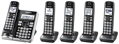 Panasonic Link2Cell Bluetooth Cordless Phone System with Voice Assistant, Call Block and Answering Machine, Expandable Home Phone with 5 Handsets â€“ KX-TGF575S (Black with Silver Trim)