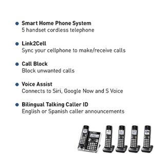 Panasonic Link2Cell Bluetooth Cordless Phone System with Voice Assistant, Call Block and Answering Machine, Expandable Home Phone with 5 Handsets â€“ KX-TGF575S (Black with Silver Trim)