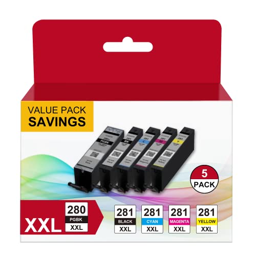 PGI-280XXL/CLI-281XXL 5-Color Value Pack Compatible Ink Cartridge Replacement for Canon 280XXL 281XXL High Yield Compatible to TR7520 TR8520 TS6120 TS6220 TS8120 TS8220 TS9120 TS9520 TS6320 (5 Pack)