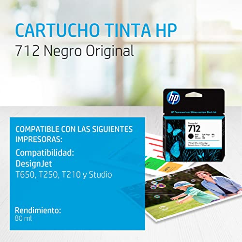 HP 712 Black 80-ml Genuine Ink Cartridge (3ED71A) for DesignJet T650, T630, T230, T210 & Studio Plotter Printers