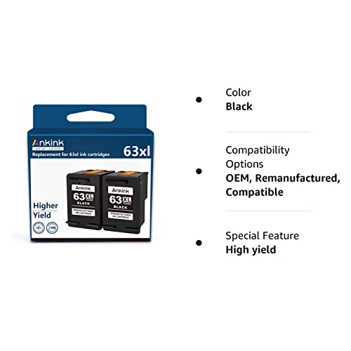 Ankink Higher Yield 63XL Black Ink Cartridges 2 Pack Replacement for HP Ink 63 XL for Officejet 3830 4650 4652 4655 5200 5252 5255 5258 Envy 4520 4512 Deskjet 1112 2132 3630 3632 Printer HP63 HP63xl