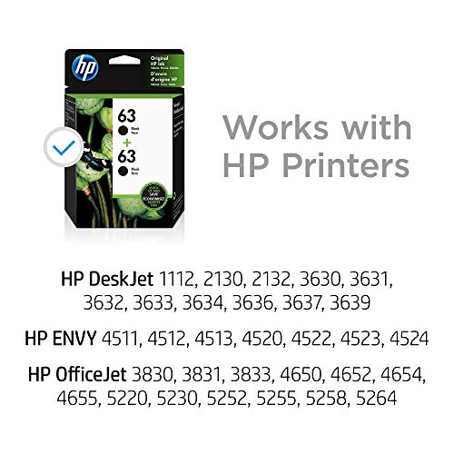 HP 63 | 2 Ink Cartridges | Black | Works with HP DeskJet 1112, 2100 Series, 3600 Series, HP ENVY 4500 Series, HP OfficeJet 3800 Series, 4600 Series, 5200 Series | F6U62AN