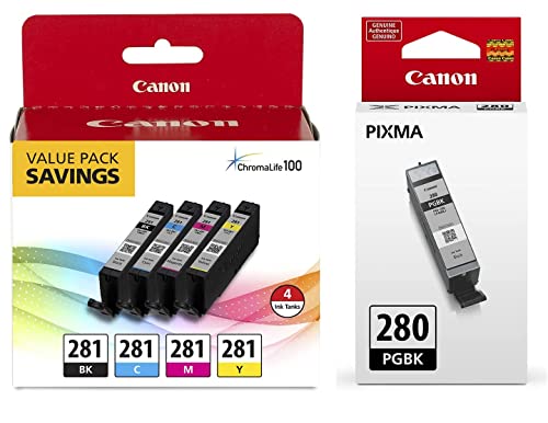 Canon CLI-281 BKCMY 4-Color Ink Tank Value Pack (2091C005) + Canon PGI-280 Pigment Black Ink Tank (2075C001)